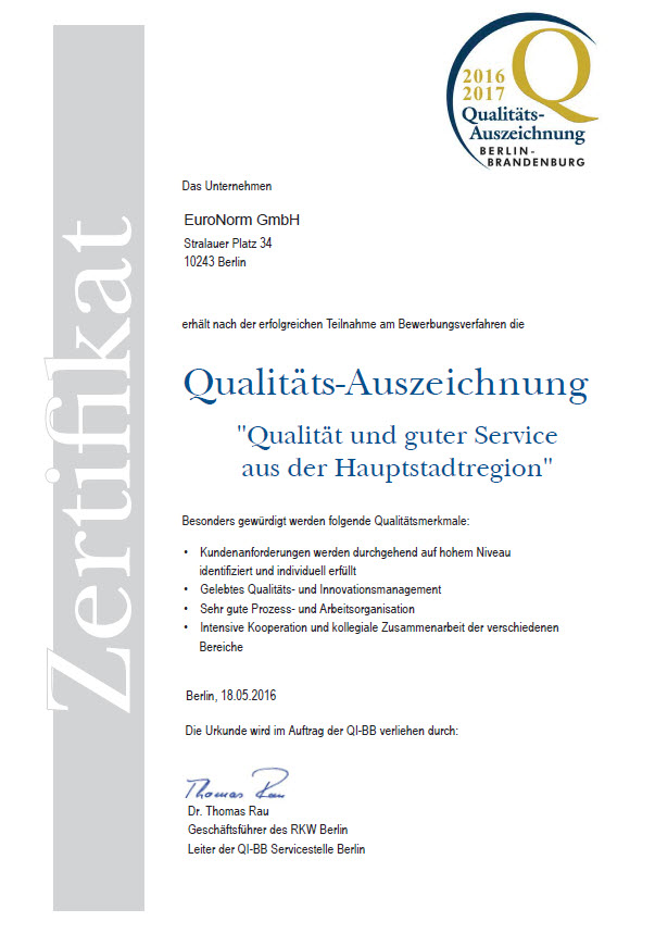 Qualitätsauszeichnung Berlin Brandenburg - Euronorm GmbH